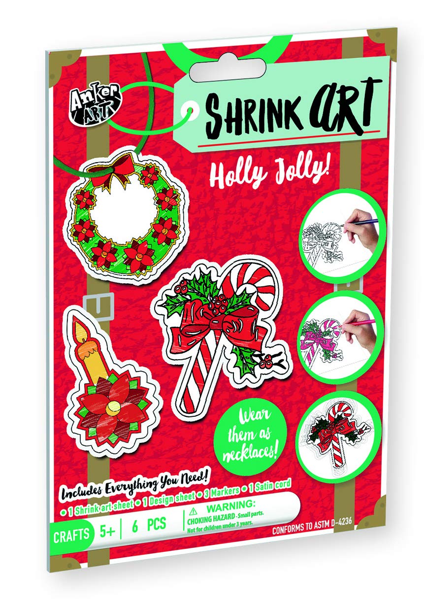 Shrink Art for Christmas DIY Easy Craft Activity Kit for Kids Best Stocking Stuffer or Gift Idea for Holidays! Make Xmas Ornaments, Keychains or Necklace (Holly Jolly)
