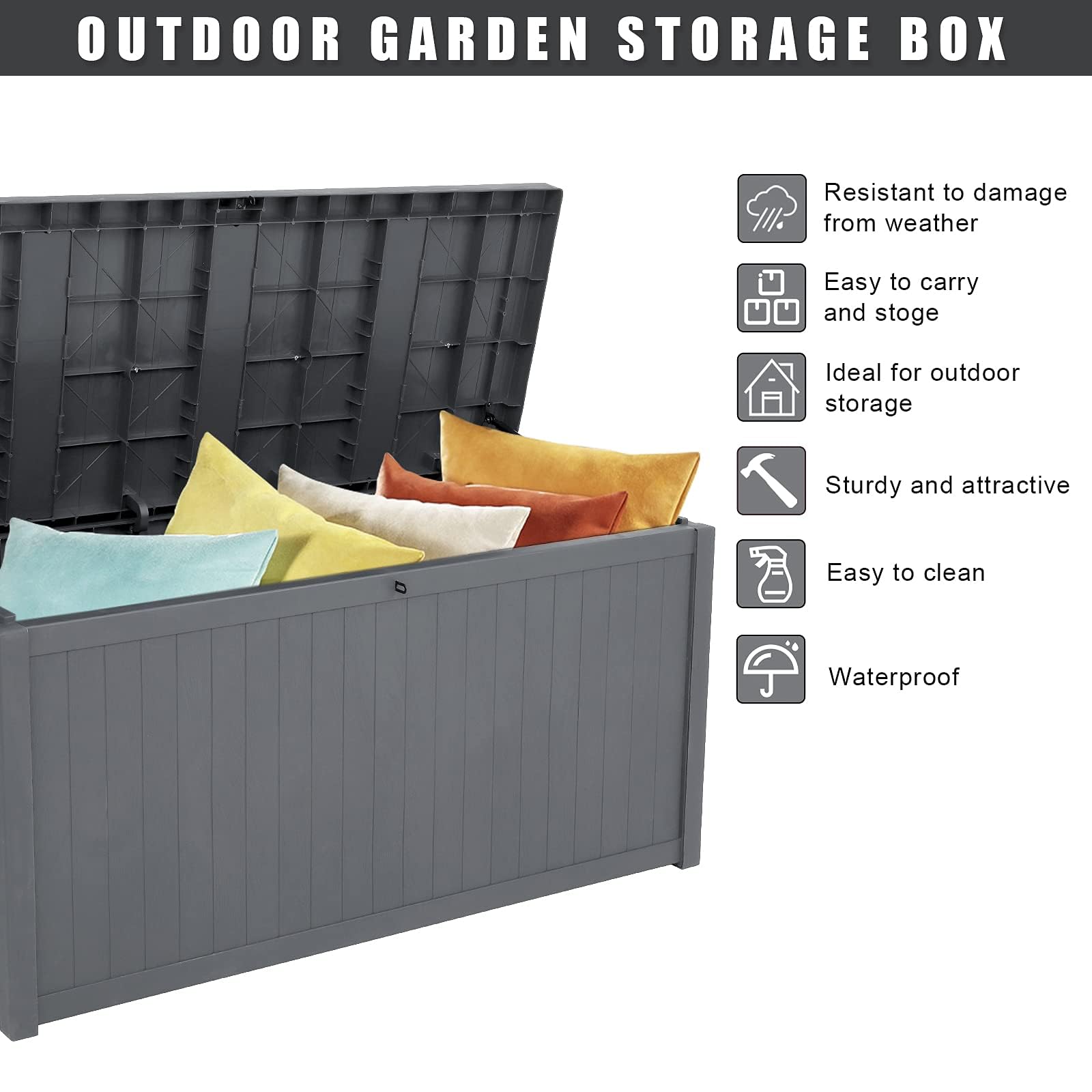 EPOFIT 113 Gallon Resin Deck Box, Waterproof Outdoor Storage Box with Lockable Lid and Handles, Large Deck Storage for Outdoor Gear, Patio Furniture Cushion, Gardening Tools, Grey