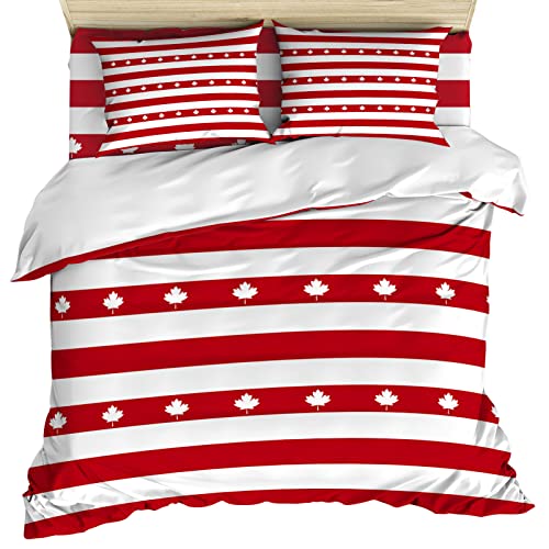 Queen Comforter Covers Sets Happy Canada Day 4 Piece Duvet Cover Set Lightweight Microfiber Soft Bedding Set for Adult Teen, Red Striped Maple Leaves