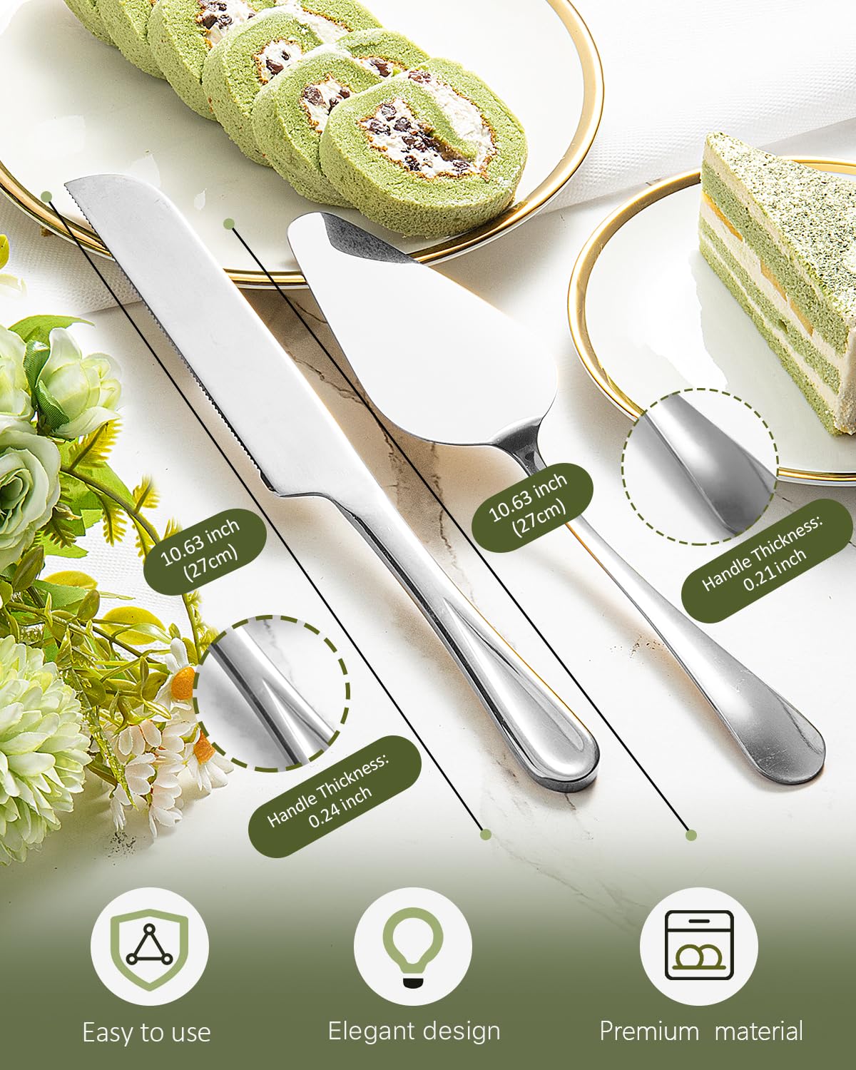 FTAKRY 2-Piece Premium Cake Cutting Set, Exquisite Knife and Server with Serrated Design, Includes Cake Knife and Pie Spatula for Pastry, Pizza and Desserts (Silver)