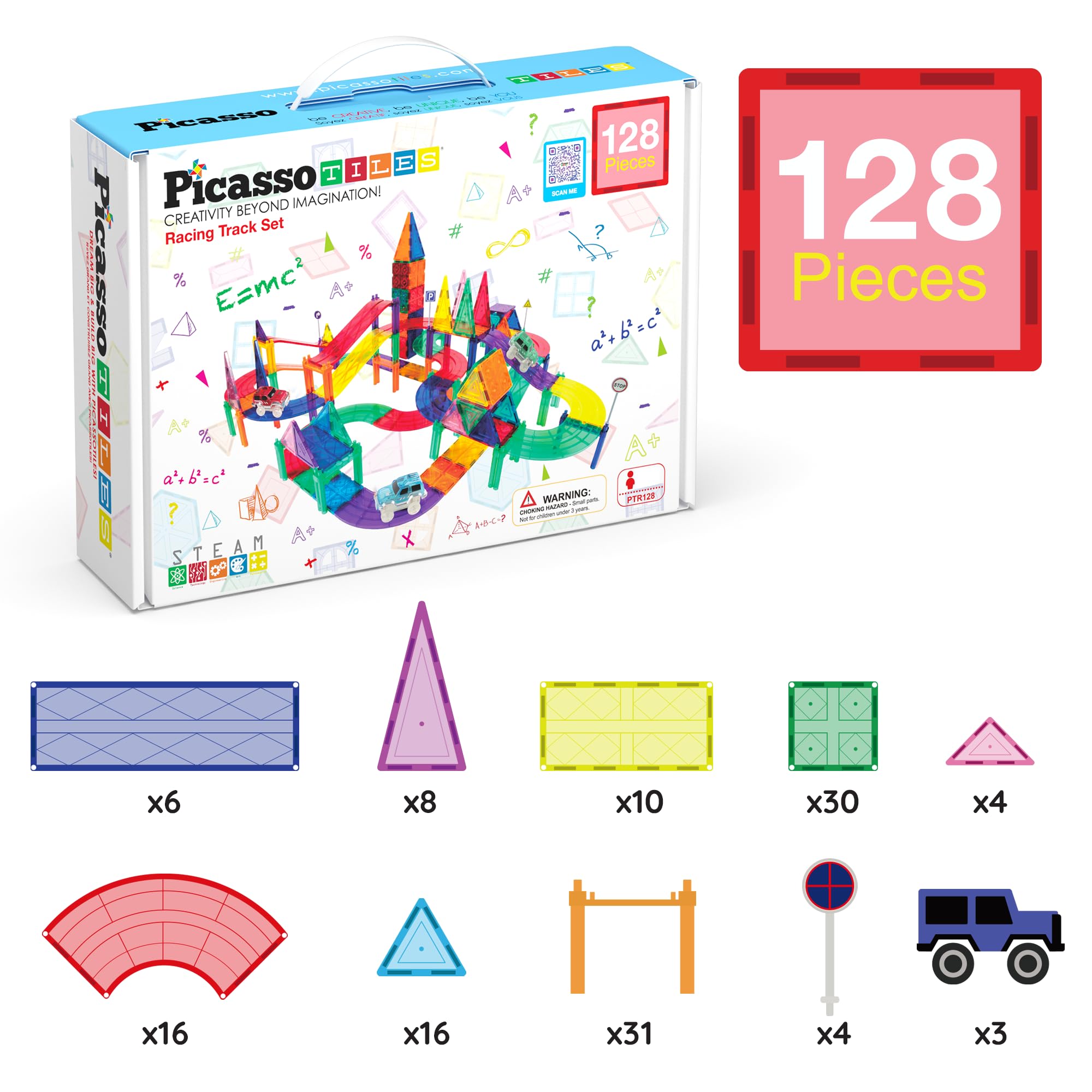 PicassoTiles 128 Piece Race Car Track Building Block Educational Toy Set Magnetic Tiles Magnet Playset 3 LED Car STEM Learning Construction Kit Hand-Eye Fine Motor Skill Training Brain Development
