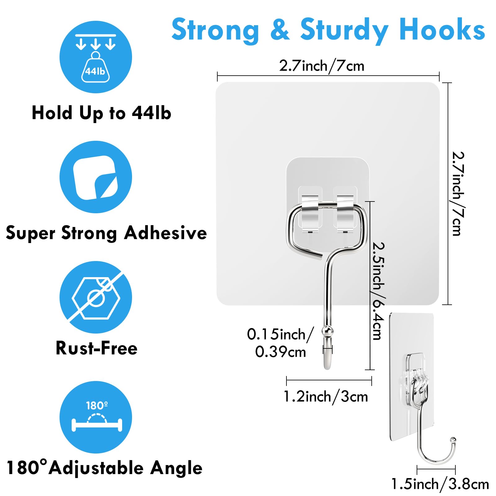 Eirnvop 20 Pack Large Adhesive Hooks for Hanging, Sticky Wall Hooks Heavy Duty 22Ibs (Max), Strong Adhesive Clear Hooks, Removable, Waterproof and Rustproof Multiple Uses for Bathroom Kitchen Home