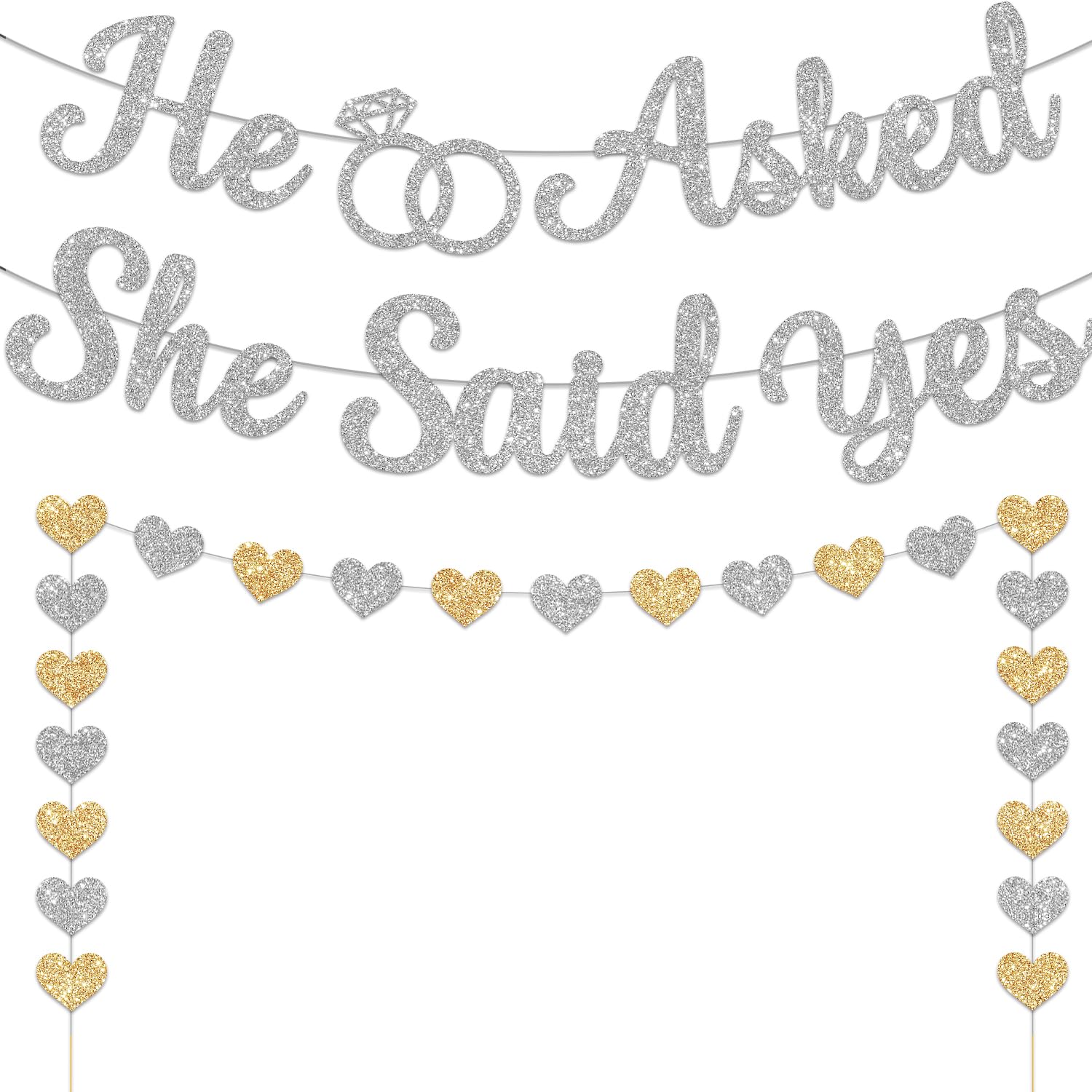 He Asked She Said Yes Banner Silver Glitter, No-DIY She Said Yes Decorations Banner with Heart Garland, Engagement Party Decorations Silver for Wedding Engagement Bridal Shower Party Decorations