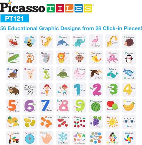 PicassoTiles 121 pc Master Builder Magnetic Building Block Construction Set Magnet Tiles Blocks with Car Truck, 2 Character Action Figures, 28 Educational Alphabet Animal and Number Graphics, Windmill