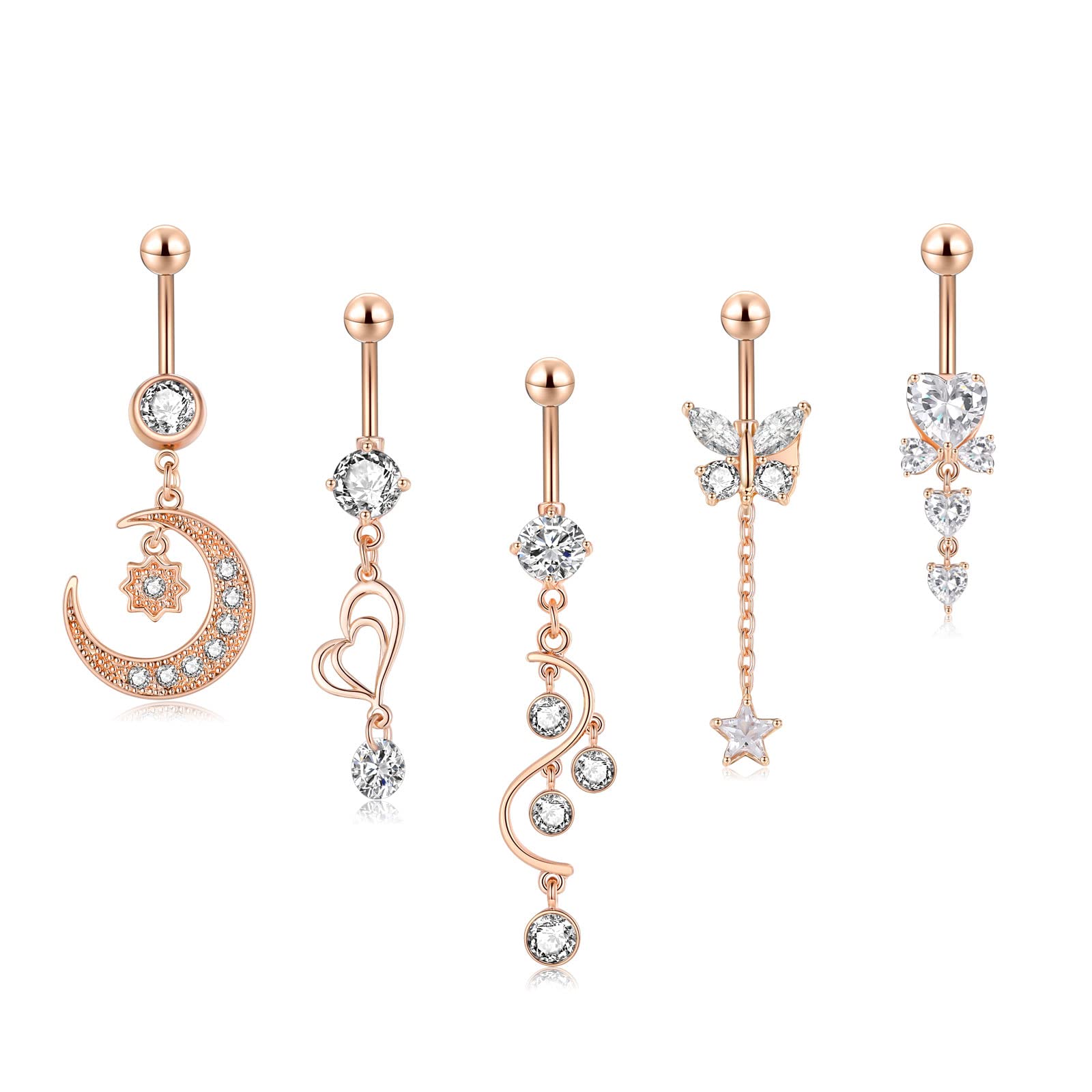Dangle Belly Button Rings for Women Men, 5 Pcs 14G Surgical Stainless Steel CZ Drop Belly Rings | Long Cubic Zirconia Navel Rings Dangle Reverse Curved Barbell Body Piercing Jewelry (Rose Gold)