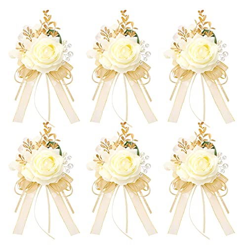 Ndeno Ivory Rose Wrist Corsage and Boutonniere Set Artificial Men Wristlet Band Bracelet for White Wedding Flowers Ceremony Accessories Prom Suit Decorations(6pcs Boutonnieres,Champagne)