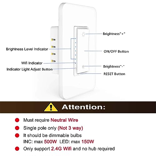 Lesim Smart Wi-Fi Dimmer Switch 2Gang Compatible with Alexa and Google Assistant, Single Pole, Needs Neutral Wire