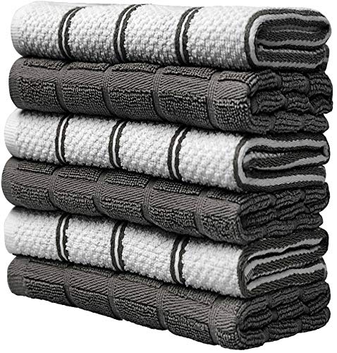 Kitchen Hand Towels 16"x 28" | Grey Popcorn Gird Design | Kitchen Towel Set | Soft, Highly Absorbent with Hanging Loop | Natural Ring Spun Cotton Kitchen Towel | Large Tea Towel Set | 380 GSM - 6 Pack