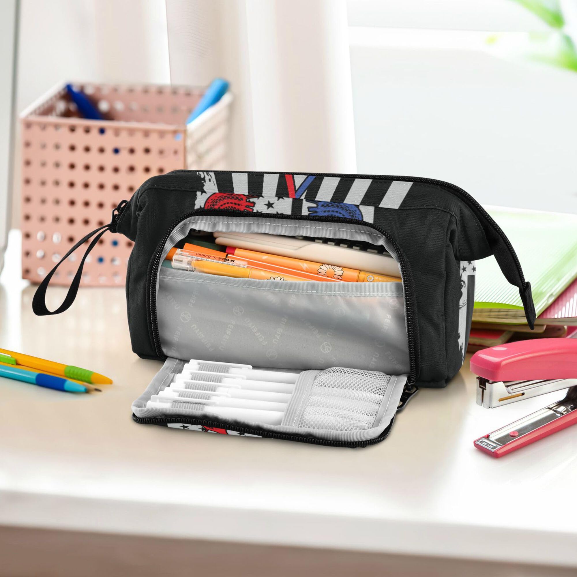 Glaphy American Flag with Lacrosse Hockey Pencil Case Large Capacity Pencil Pouch Bag Zipper Storage Stationery Bag for Office College School