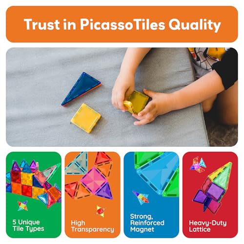 PicassoTiles 60 Piece Magnetic Building Block Mini Diamond Series Travel Size On-The-Go Construction Toy Set STEM Learning Kit Educational Playset Child Brain Development Stacking Blocks PTM60