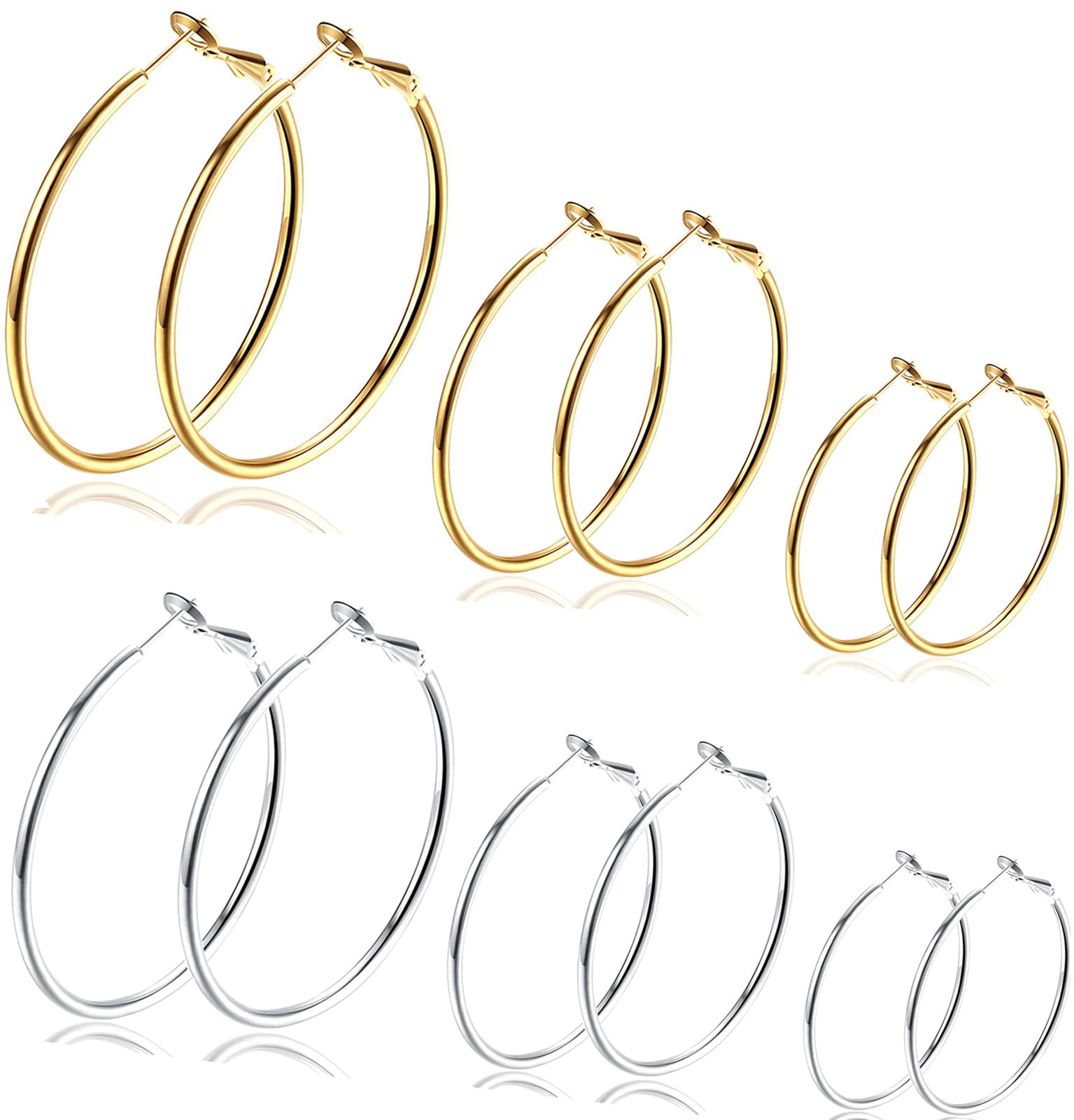 Cocadant 6 Pairs Big 14K Gold Hoop Earrings for Women Set,925 Sterling Silver Post Hypoallergenic Dainty Large Thin Silver 50/60/70mm Hoops