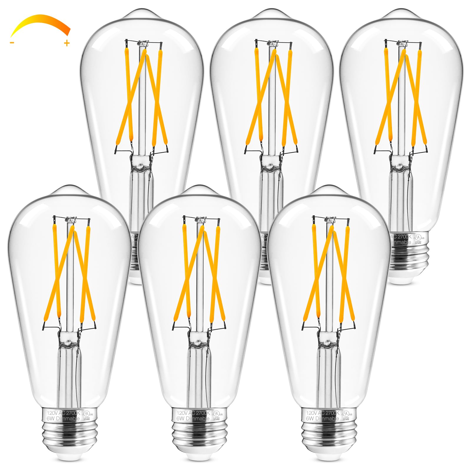 Hizashi Edison Bulbs Dimmable, E26 LED Bulb 60 watt, 2700K Soft Warm White, ST19 Vintage Light Bulbs, 95+CRI, UL Listed, 700LM 6W, Clear Glass, Pack of 6