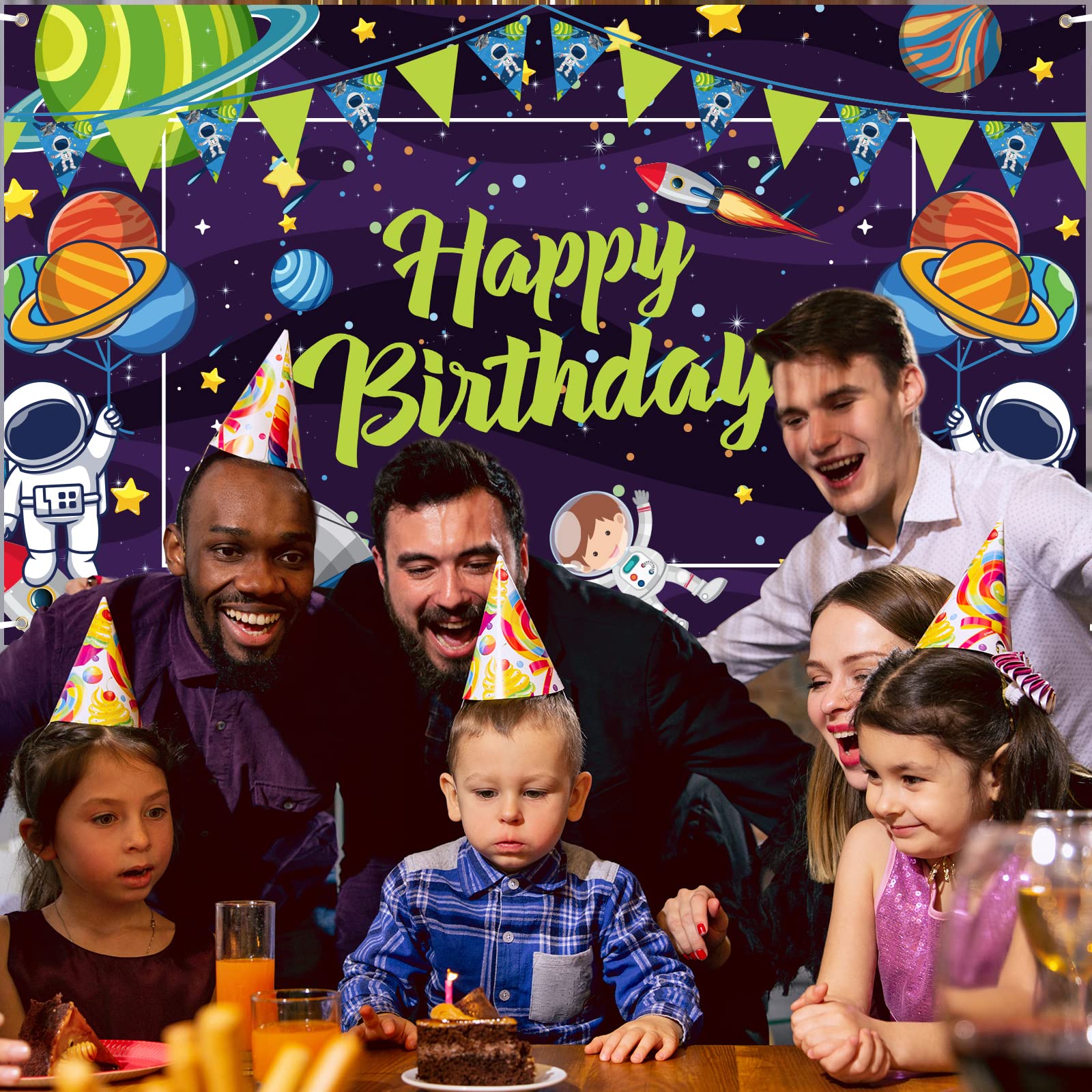 Space Birthday Decorations Banner Outer Space Happy Birthday Banner Backdrop, Astronaut Rocket Space Birthday Banner Space Themed Party Decorations Supplies for Boys Girls Kids 72.8x43.3 Inch