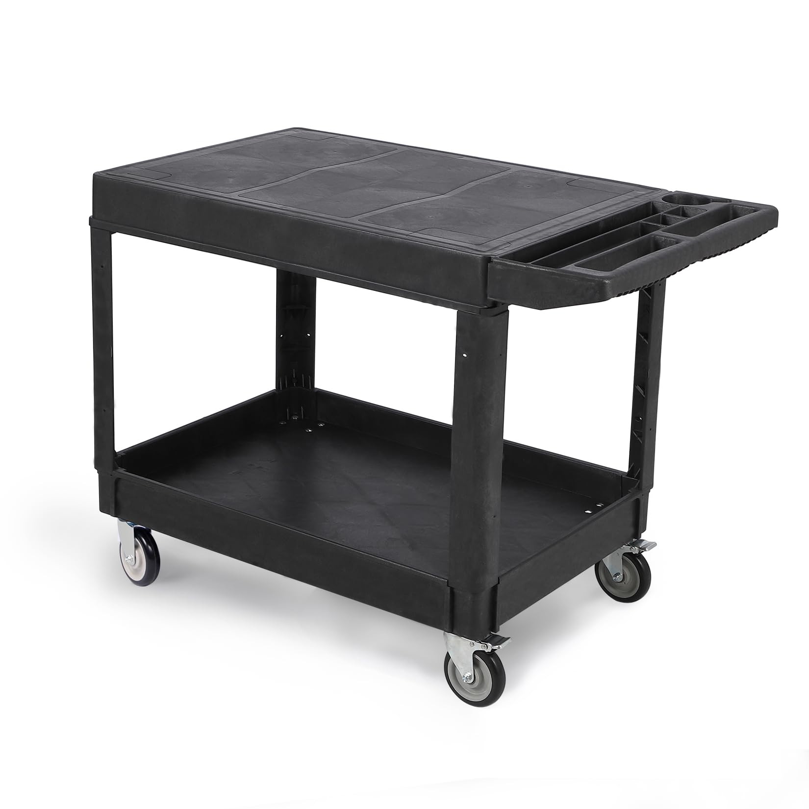 GarveeTech Utility Service Cart Flat top, 550 LBS Heavy Duty Plastic Rolling Utility Cart with 360°Swivel Wheels (2 with Brakes), 2 Shelves Work Cart Ergonomic Storage Handle for Warehouse Garage