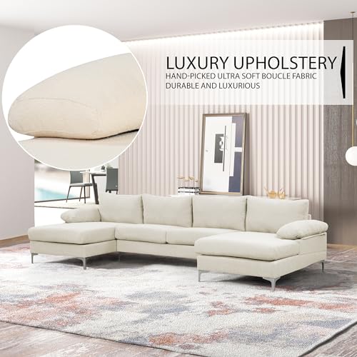 Casa Andrea Milano BOUCLÉ U-Shape Sectional Sofa, Luxury Couch with Extra Wide Chaise Lounge, Couch for Living Room Apartment Lounge, Cream Boucle