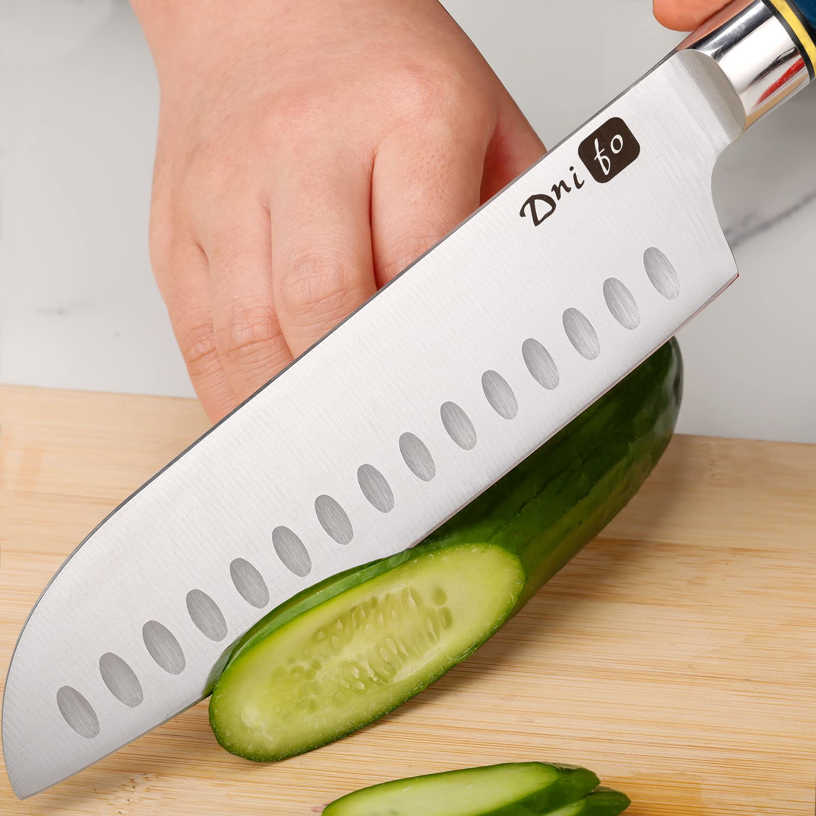 Dnifo Santoku Knife 7-Inch Japanese Style Chef Knife, Multifunctional Ultra Sharp High Carbon Stainless Steel Kitchen Chopping Knife, Ergonomic Logs & Resin Handle