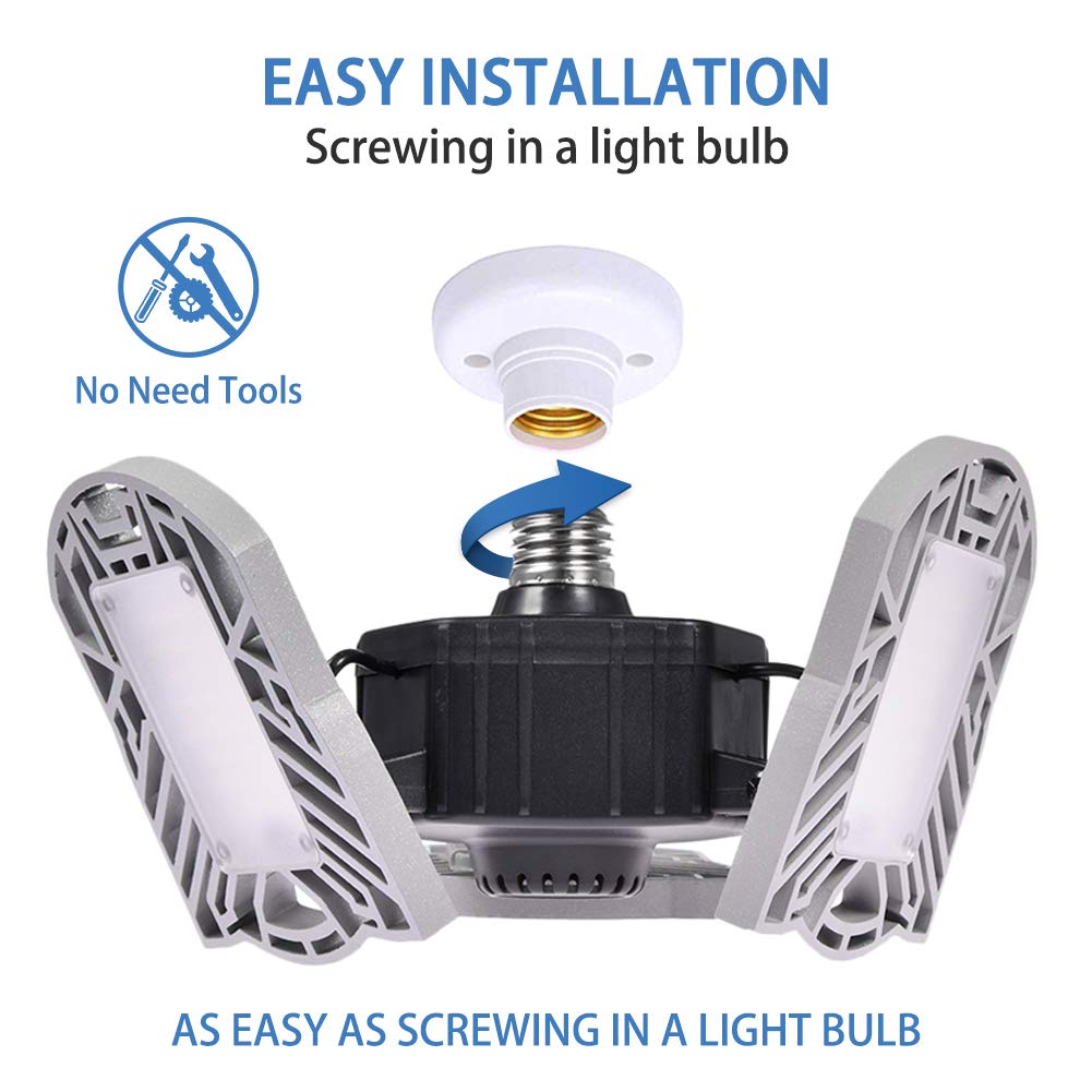 CKEGUO LED Garage Lights, 60W Garage Lighting Deformable Garage Ceiling Light Fixture 6000Lm 6500K Shop Light with 3 Adjustable Panels for Workshop Basement for Garage, Working Light, Stadium