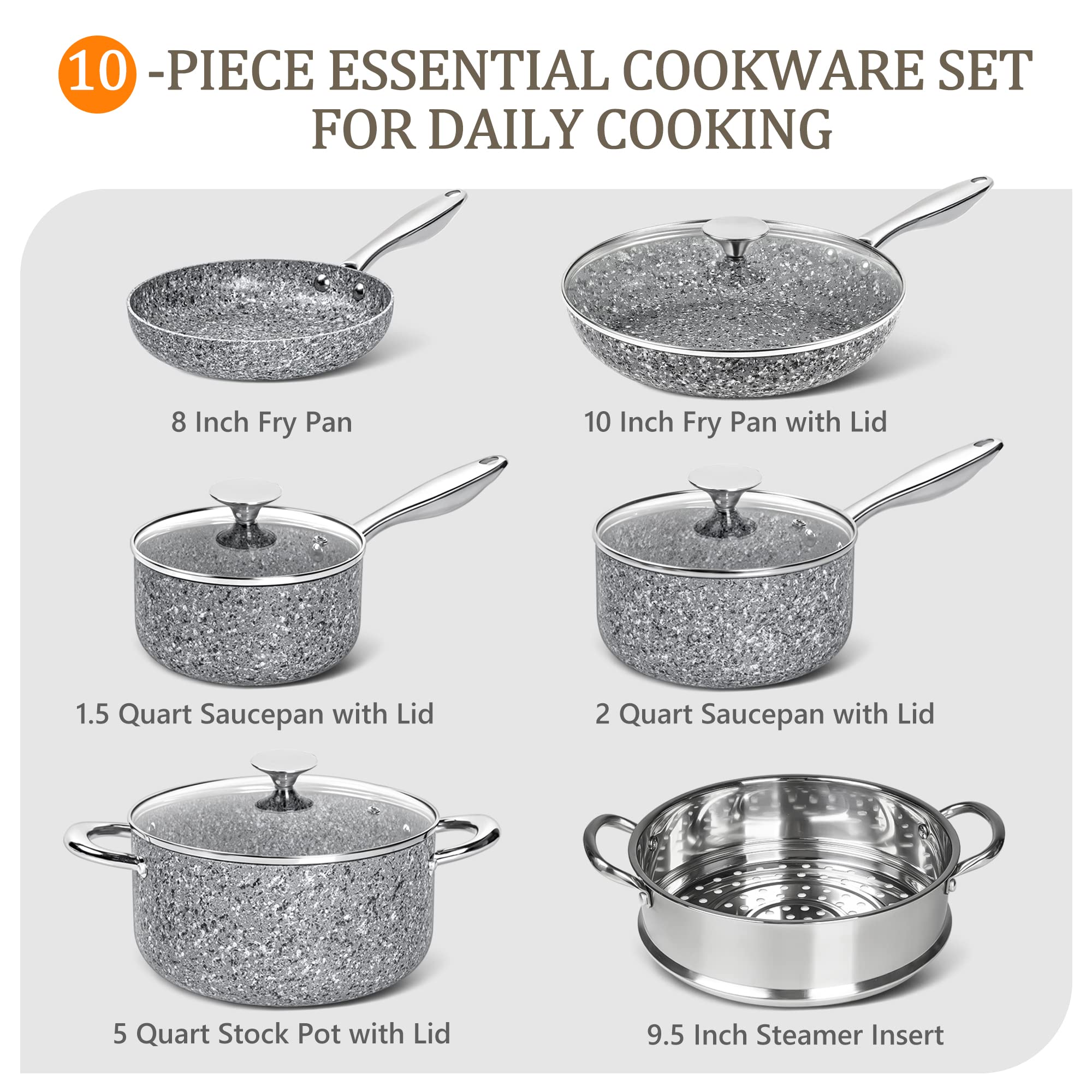 Michelangelo Pots and Pans Set, Stone Cookware Set with Super Nonstick Results, Stone Pots and Pans Set - 8 piece