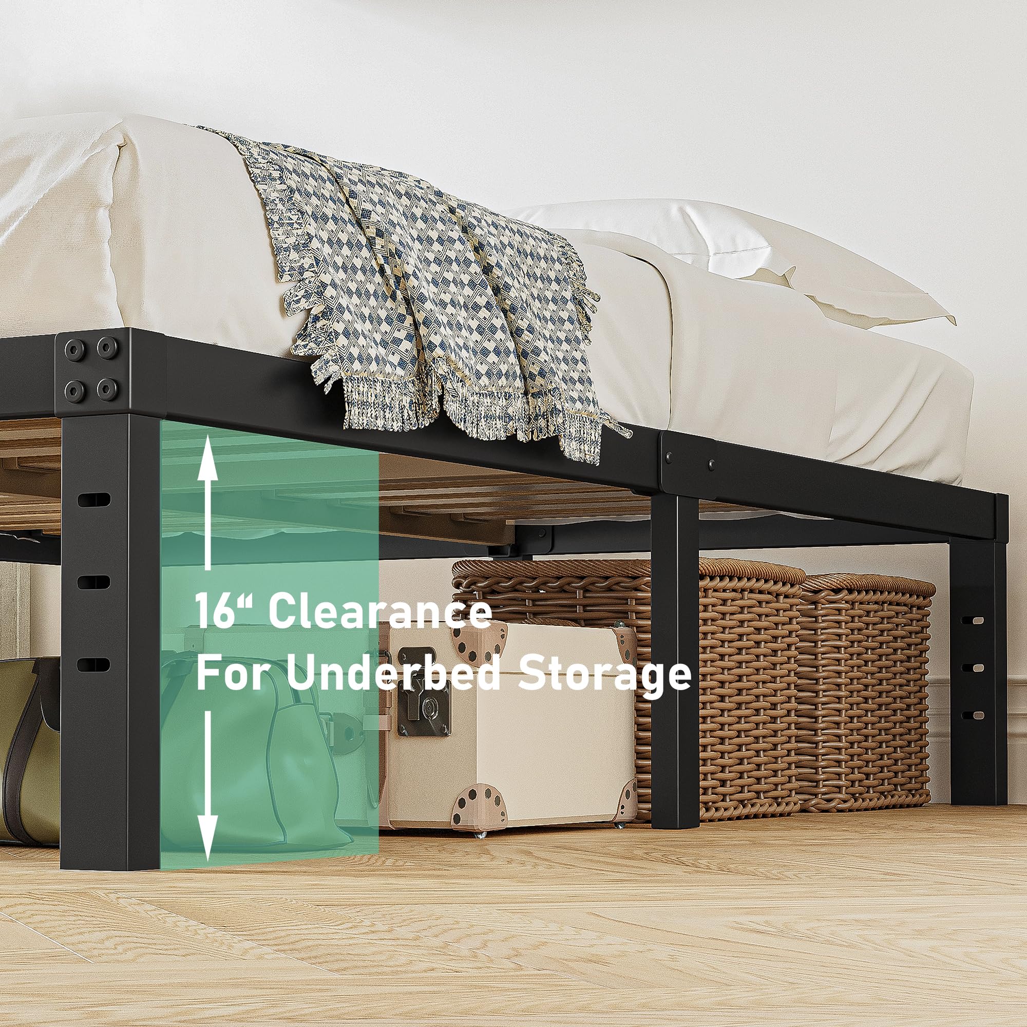Breezehome Queen Size Metal Bed Frame with Sturdy Wood Slats No Box Spring Needed, Durable 18in High Heavy Duty Platform Bed Frame Queen, Underneath Storage, Easy Assembly, Noise Free, Black