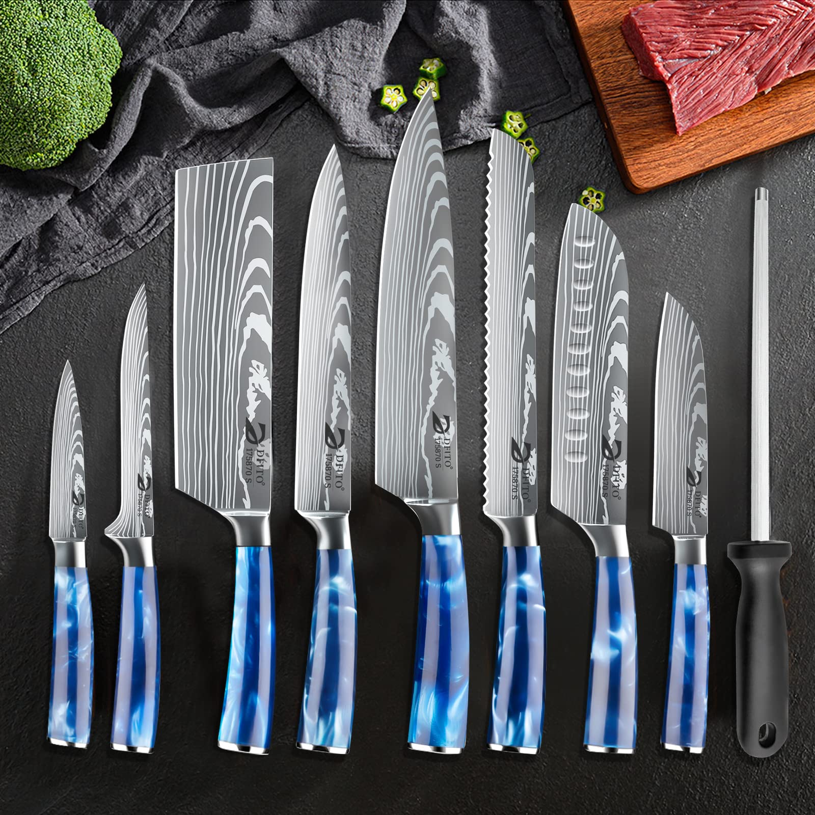 Dfito Chef Knife Sets with Roll Bag, 9 Pieces Professional Knife Set, High Carbon Stainless Steel Kitchen Chef Knife Set, Red Pakkawood Handle, Dishwasher Safe