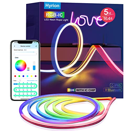 hyrion Dynamic Neon Rope Lights 16.4ft Outdoor Waterproof Cuttable RGBIC Rope Lights with Music Sync, DIY Design, Works with Bluetooth APP, Led Strip Lights for Wall Decor Bedroom Living Game Room
