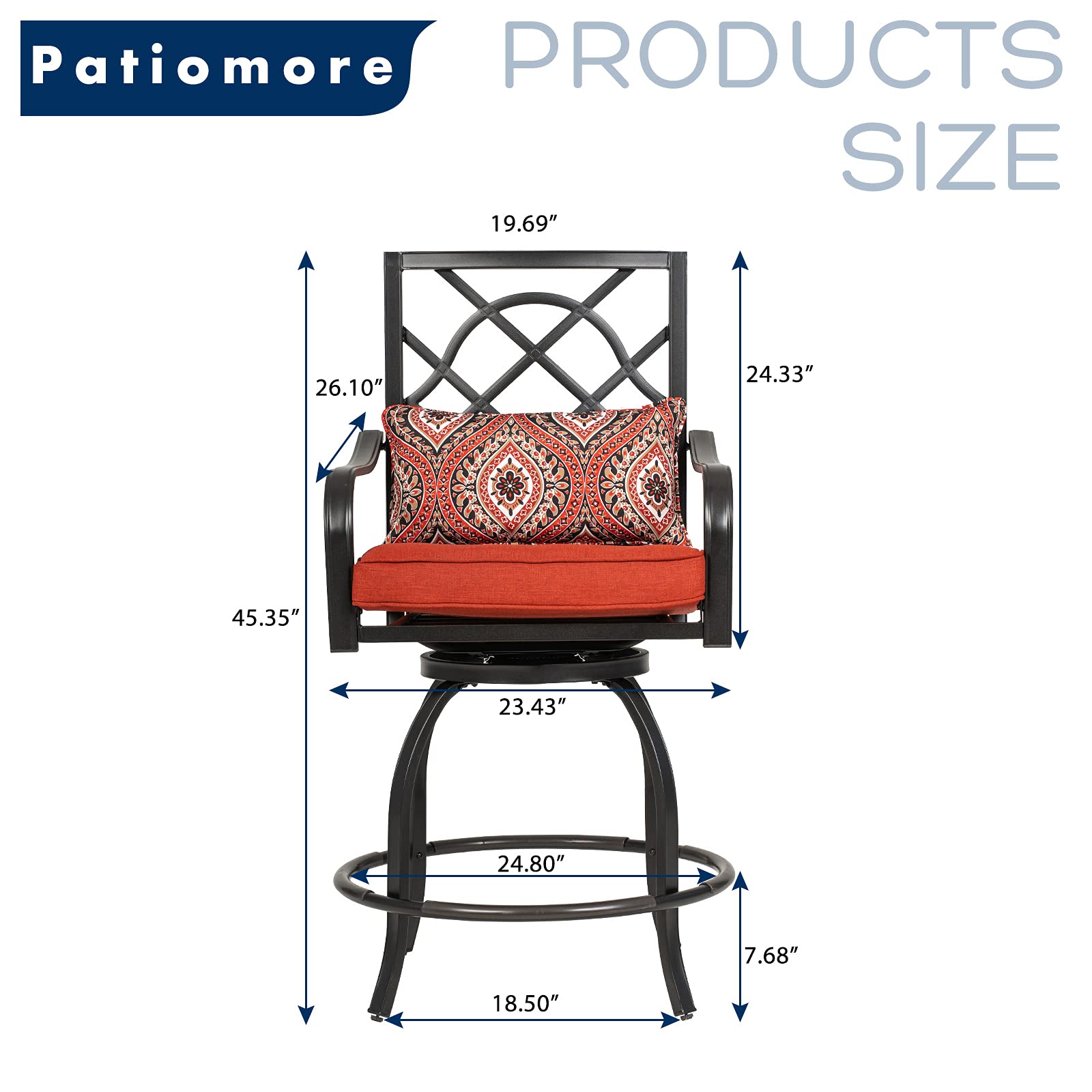 Patiomore Patio Swivel Bar Stools, Outdoor Bar Height Bistro Chairs Set of 2, Metal Iron Frame with Seat Cushions, Red