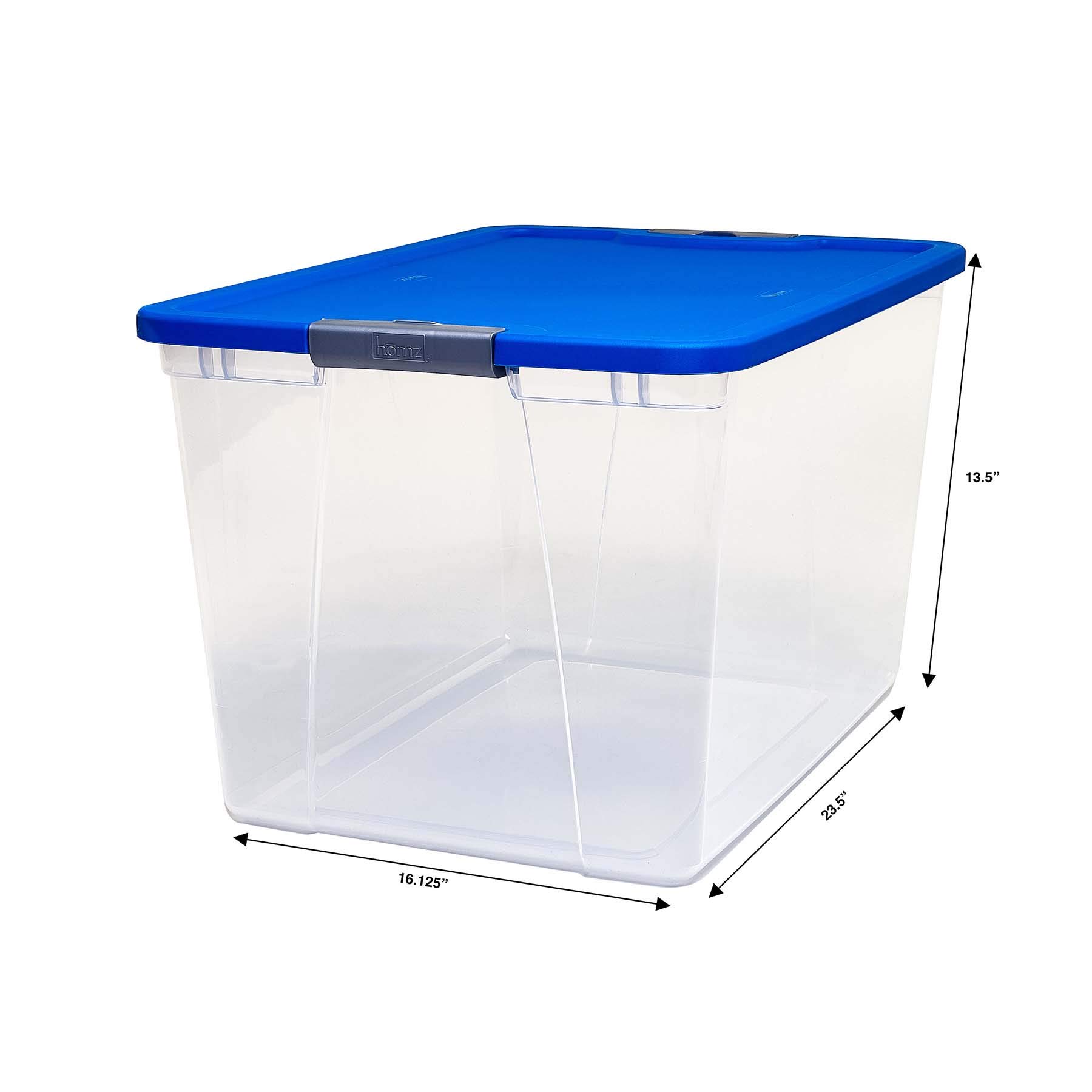 HOMZ X Large 64 Quart Clear Plastic Storage Container with Lid, Snaplock Blue Lid and Grey Latches, 3 Pack