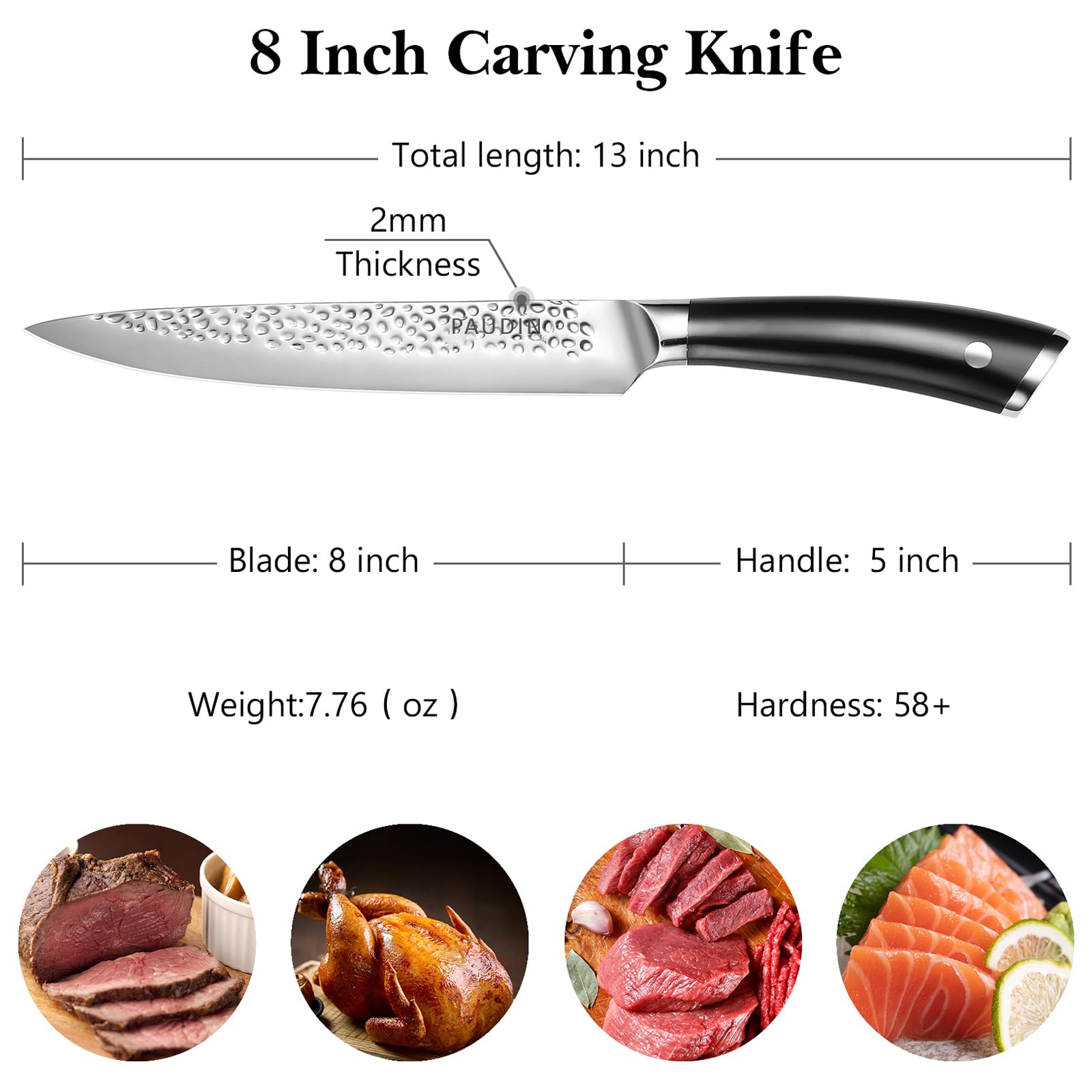 PAUDIN Carving Knife, Sharp 8 Inch Slicing Knife, Premium High Carbon Stainless Steel Forged Blade Brisket Knife with Full Tang Ergonomic ABS Handle, Carving Knife for Meat, Sashimi, Sushi, Roasts