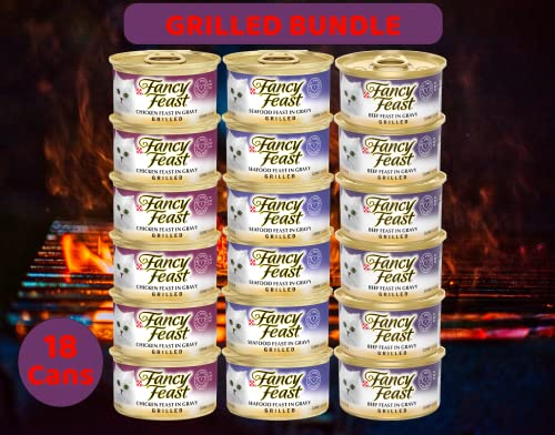 Fancy Feast Gravy Grilled Wet Cat Food Variety Packs Include Chicken, Seafood, & Beef Feast in Gravy Adult Bundle Collection Gluten-Free Protein (Pack of 18)