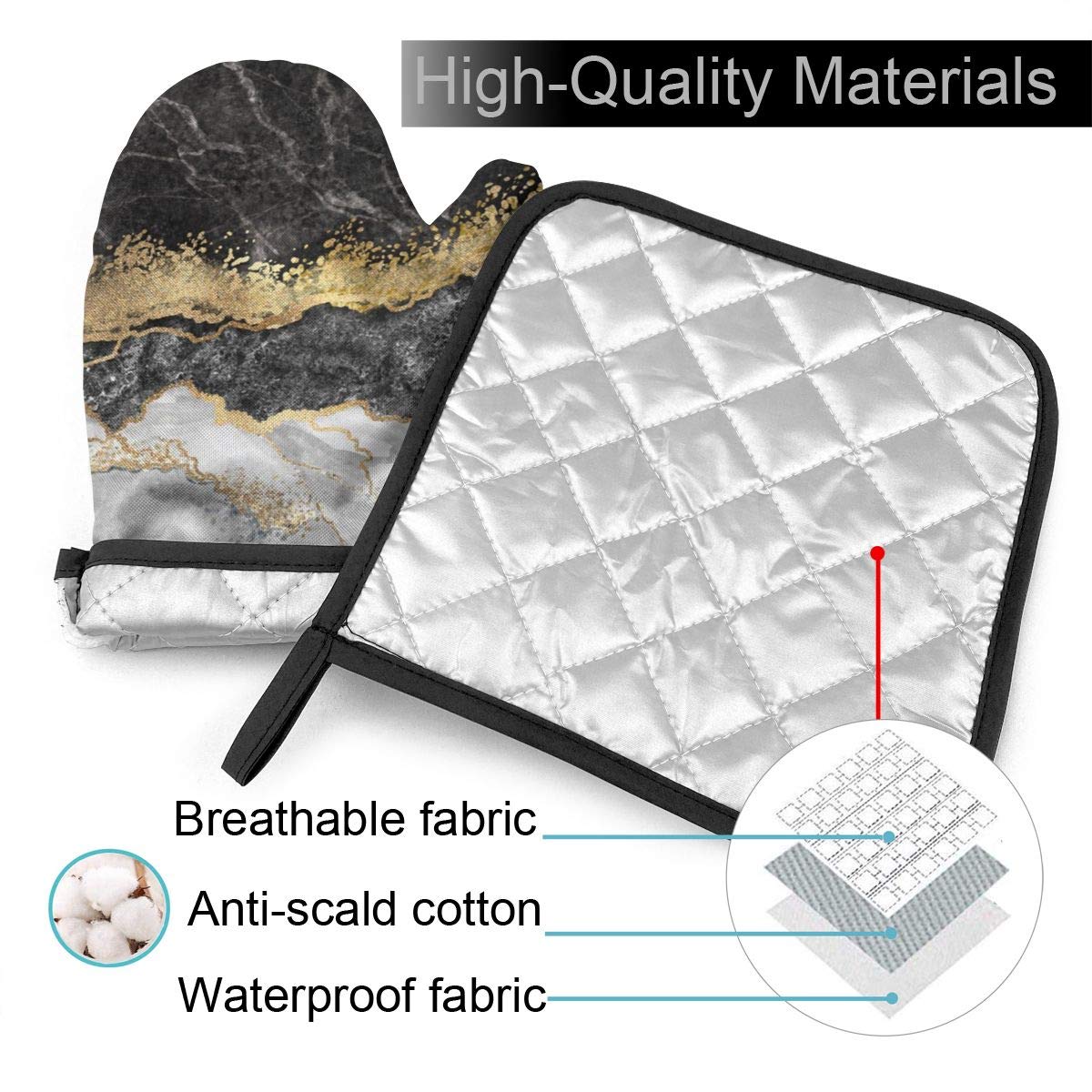 CSDGHRHX Black White Gold Foil Marble Oven Mitts and Pot Holders Kitchen Set Heat Resistant BBQ Baking Cooking Gloves