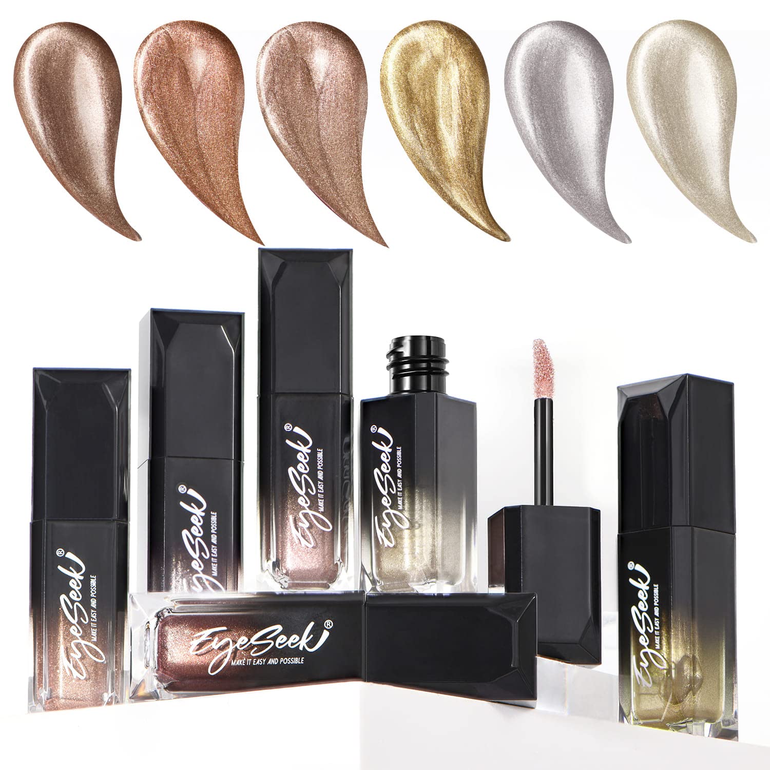 EYESEEK 6PCS Liquid Glitter Eyeshadow Metallic Eye Makeup Set, Brilliant Cream Gel Shimmer Eye Shadow Brightener Eyeliner, Eyes Liner Make Up Kit - Metallic Brown