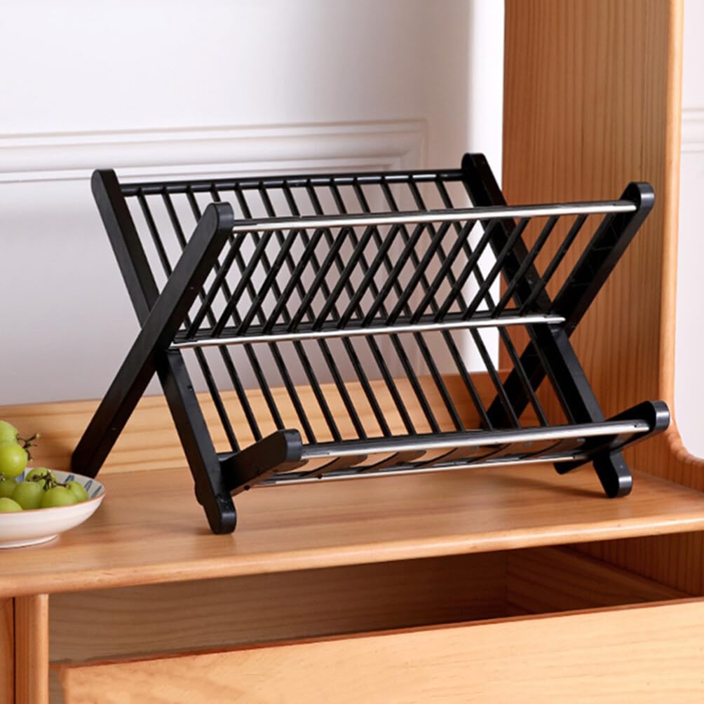 DOITOOL Stainless Steel Dish Drying Rack for Kitchen Counter: 2-Tier Dish Drainer Kitchen Plate Rack with Drainboard - Foldable and Compact for Space-Saving Storage, Black
