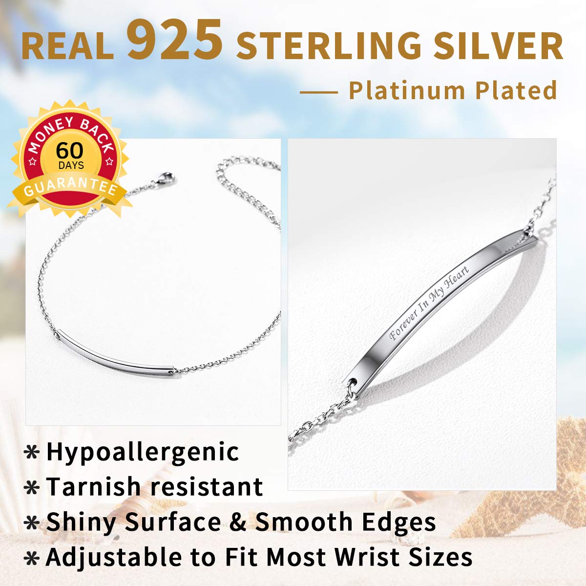 ChicSilver Personalized Bar Bracelet for Women 925 Sterling Silver Engraved Initial Name Nameplate Bar Link Charm Bracelet Identification ID Bracelet Friendship BFF Bracelet Adjustable