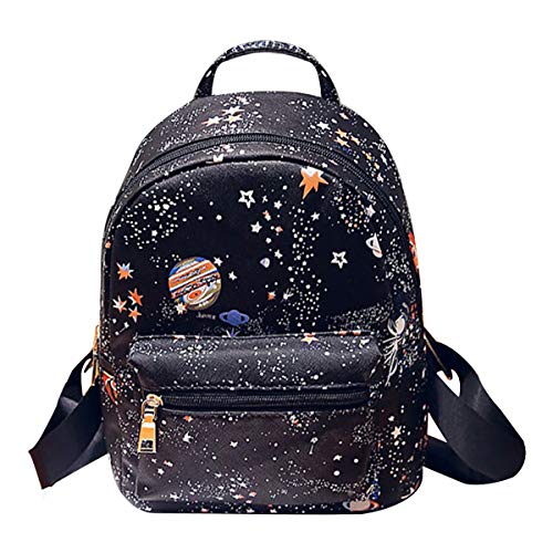 CLARA Fashion Mini Backpack Star Universe Space Printing Travel Bag PU Leather Casual Daypack Small Satchel Black