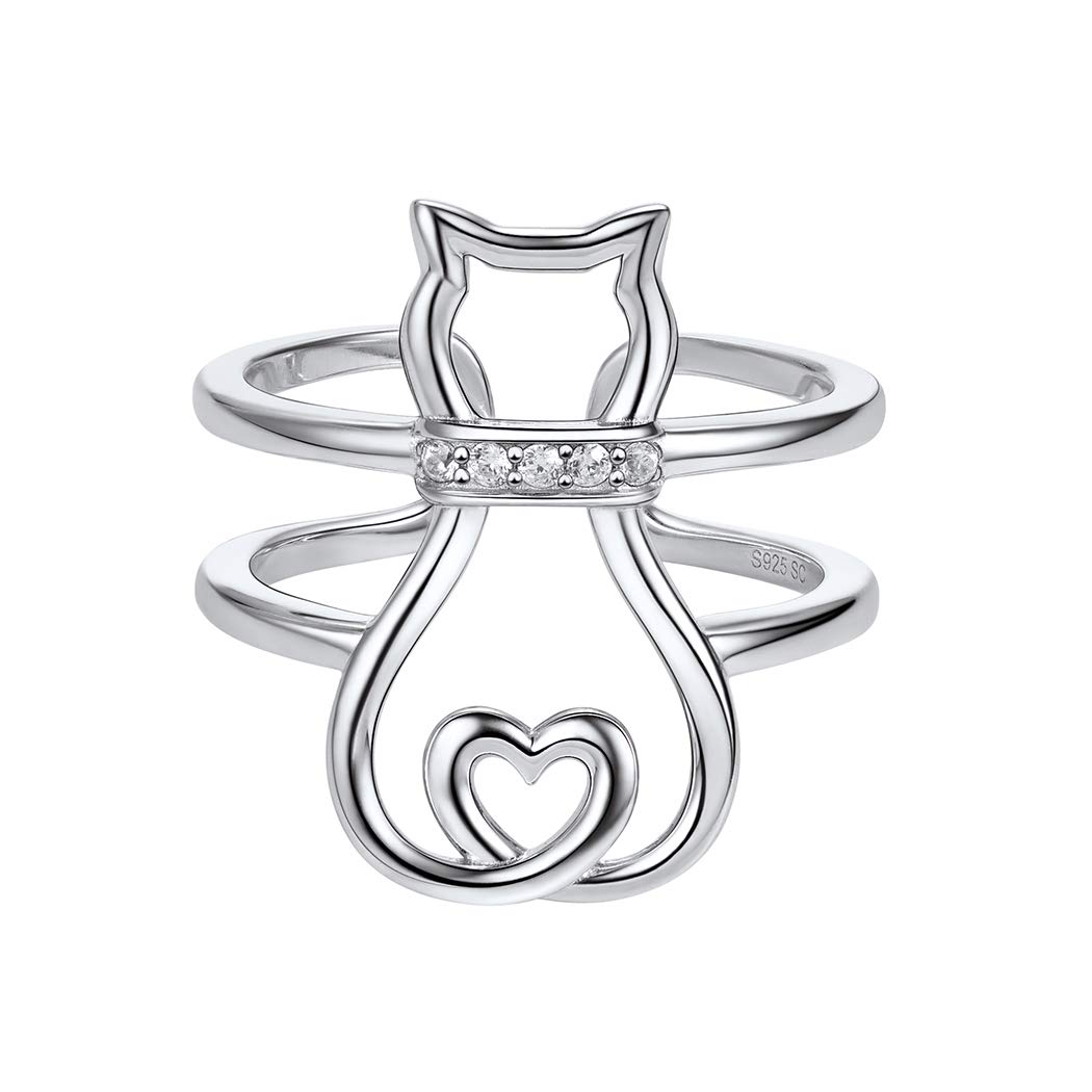 SILVERCUTE 925 Sterling Silver Cat Cute Ring Glittering Heart Cubic Zirconia Sparkle Adjustable Ring