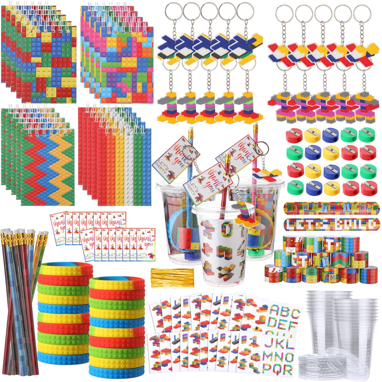Glenmal 181 Pcs Building Block Party Favors for Boy Girl Block Theme Gift Notebooks Keychains Bracelets Cup Sticker Pencil Sharpeners Thank You Tags for Birthday Classroom Prize Goodie Bag Stuffer