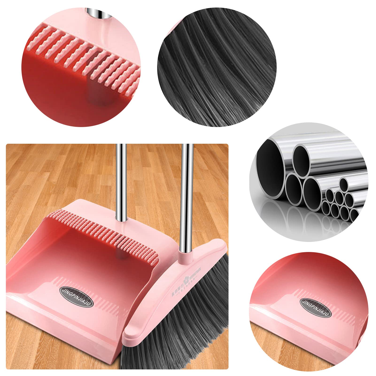 Broom and Dustpan Comb Set, Long Handle Sweeping Broom for Indoor, Broom & Dustpan Set for Home, Upright Standing Dust Pan with Comb Teeth, Store Sweep Set for Room Kitchen Lobby Offic Floor Cleaning