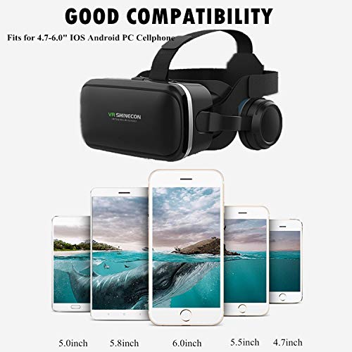 VR Headset Virtual Reality Headset w/Headphones for iPhone 14 13 12 11 X 8 7 6 Plus SE, Samsung Galaxy S8 S7 S6 Edge Note5, 3D VR Glasses for 3D Movie & Game for 4.0-6.0β iOS & Android Smartphone