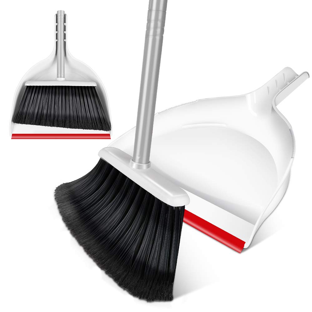 Broom and Dustpan Set - Angle Broom with Handy Clip-on Dustpan, Light Broom with 51” Long Extendable Handle for Desk,Floor,Garage and Kitchen Red White