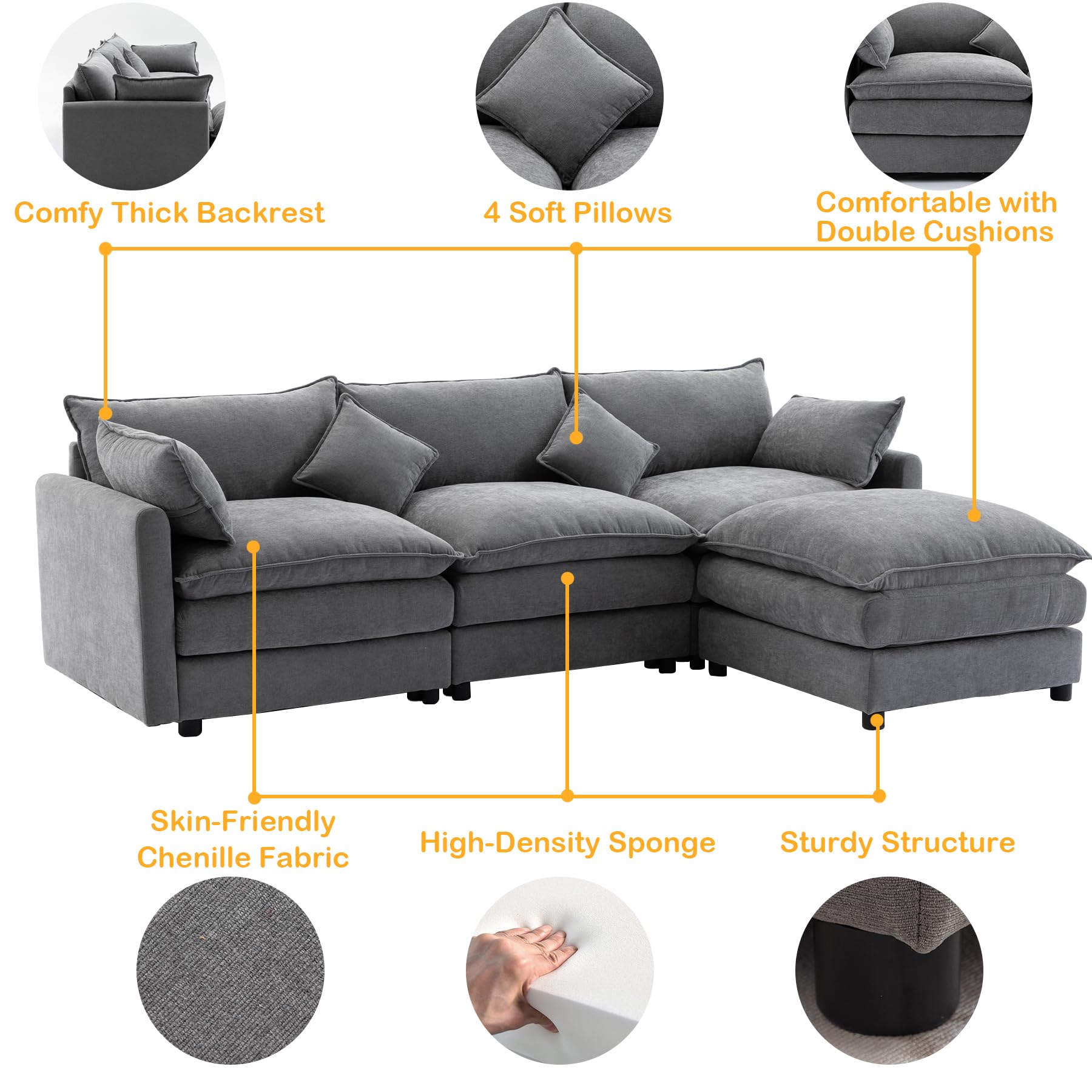 Dolonm L Shaped Sofa Modern Grey Sectional Couches for Living Room Extra Large Cloud Couch 3 Seater Upholstered Sofa with Ottoman, 101 Inch Wide