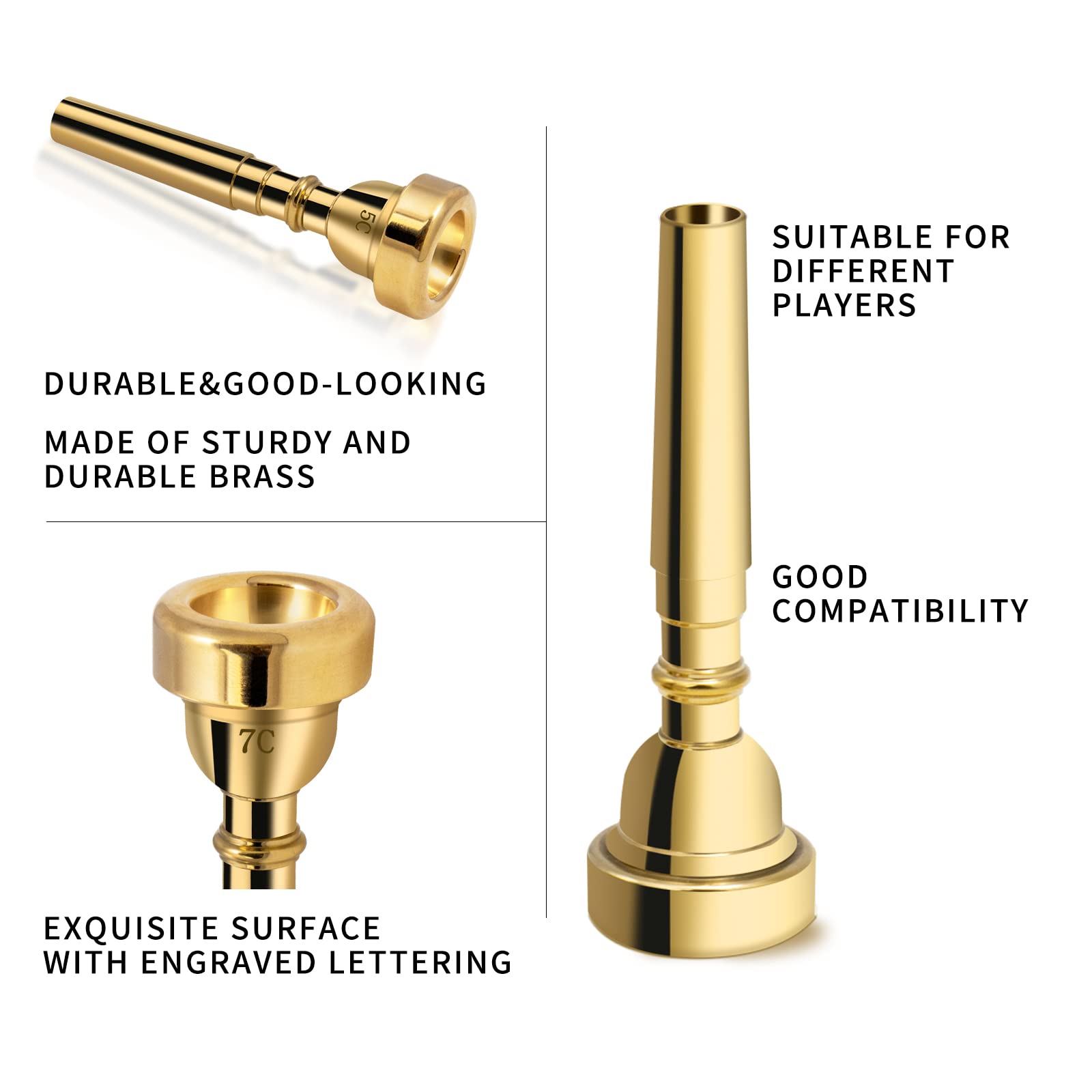 Cheerock 3Pack Trumpet Mouthpiece 3C 5C 7C Trumpet Accessories, Brass Trumpet Mouthpiece Set Suitable for Beginners and Professional Players (Gold)