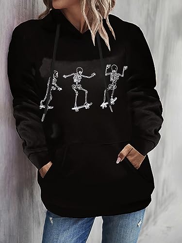 LilyCoco Women's Graphic Hooded Sweatshirt Crewneck Oversized Pullover Hoodies Skeleton Black X-Large