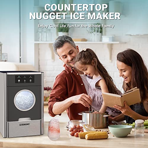 EUHOMY Nugget Ice Makers Countertop, Max 33lbs/24H, 2 Ways Water Refill, LED Light, Self-Cleaning Pebble Ice Maker with Basket and Scoop, for Home/Kitchen/Camping/RV. (Black Silver)