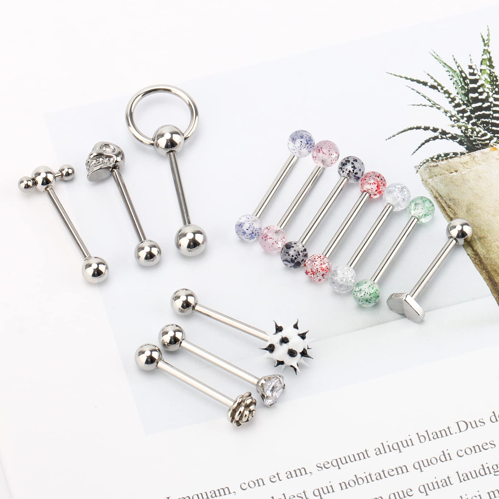 CrazyPiercing Assorted Tongue Rings, 14G Stainless Steel Tongue Piercing Rings Assorted Barbell bar Nipple Cute Tongue Rings for Women Men(13PCS)
