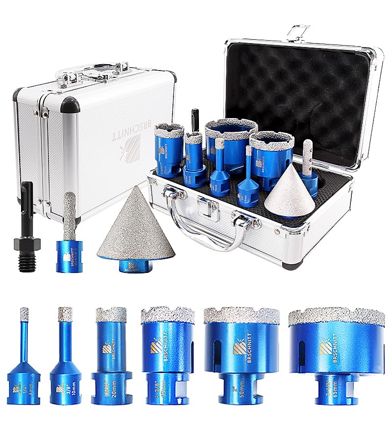 Diamond Core Drill Bit Set for Porcelain Tile Ceramic Marble Granite Drilling,BRSCHNITT 9pcs Vacuum Brazed Diamond Hole Saw with 5/8-11 Thread (1/4" 3/8" 4/5" 1-3/8" 2" 2-1/2")