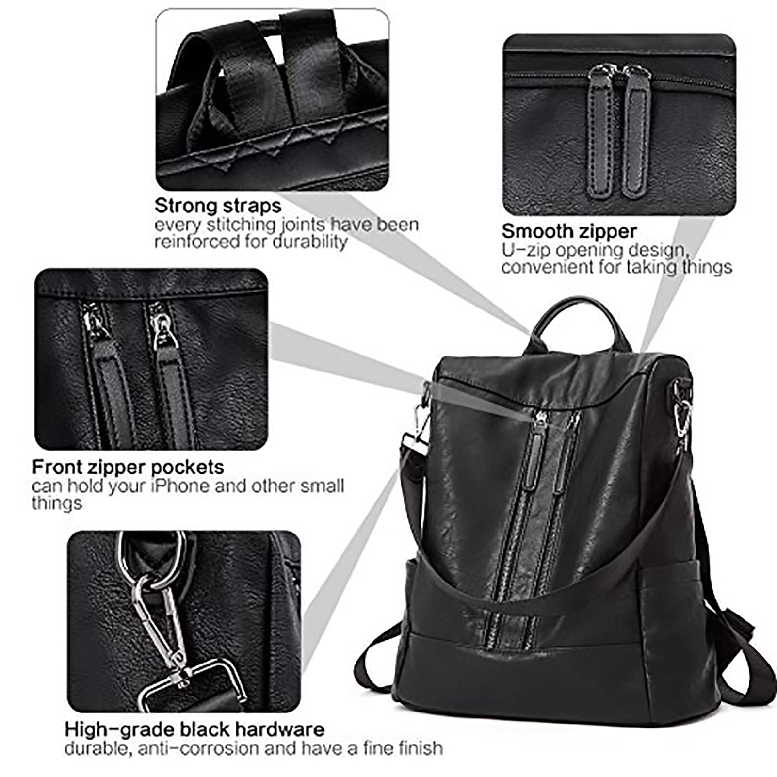 BROMEN Backpack Purse Leathe Backpack for Women Anti-theft Bookbag Purse Fashion Shoulder Handbag Backpack Women Black