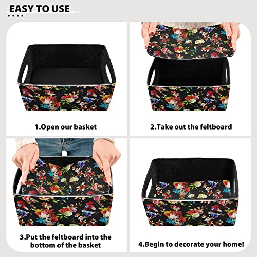 Skull Flowers Storage Basket Felt Storage Bin Collapsible Towel Storage Convenient Box Organizer for Pet Supplies Magazine