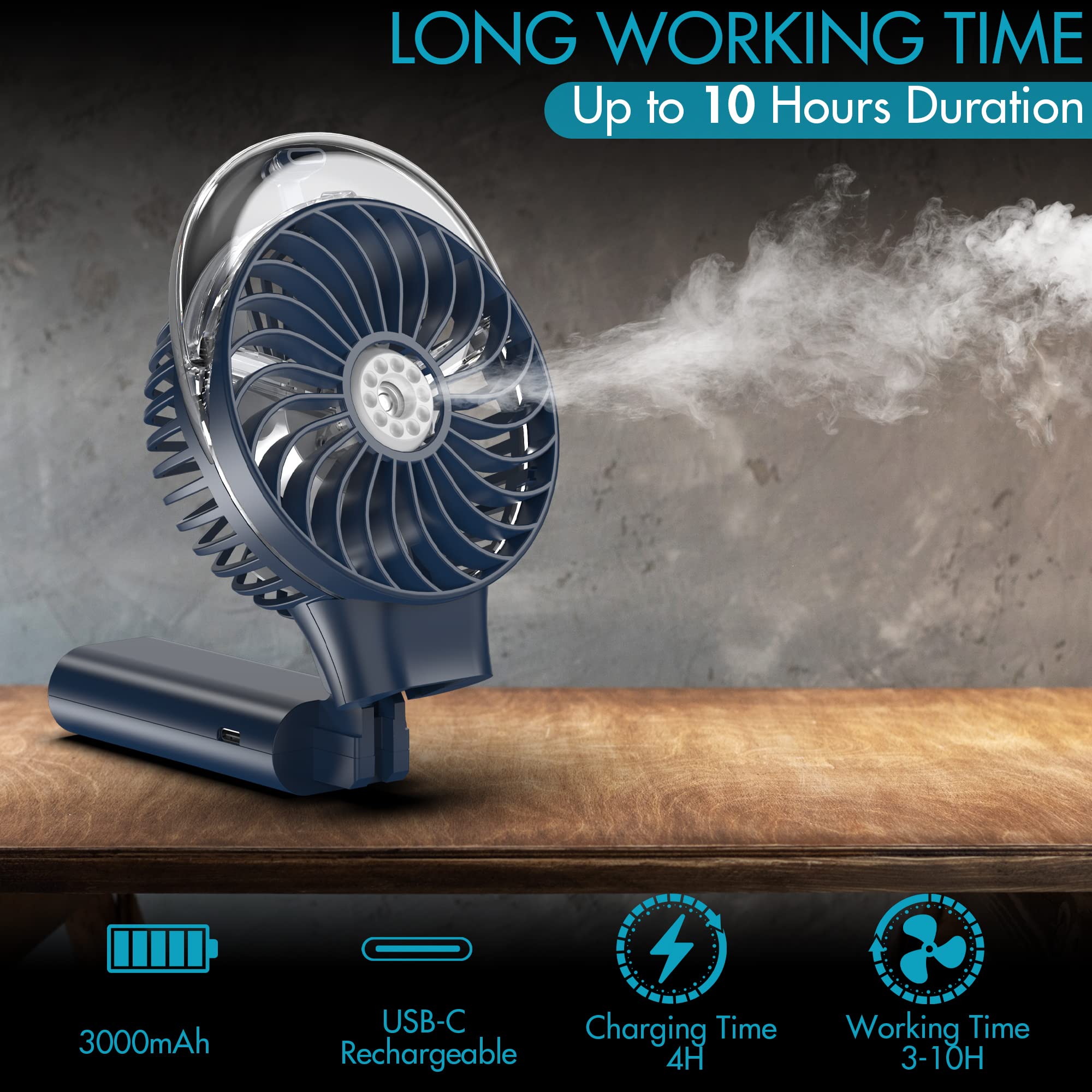 COMLIFE Handheld Misting Fan, USB or Rechargeable Battery Powered, 50ml Large Water Tank 3 Powerful Speeds 180° Foldable Spray Fan for Desktop Home Office Dorm Hiking Travel Outdoors