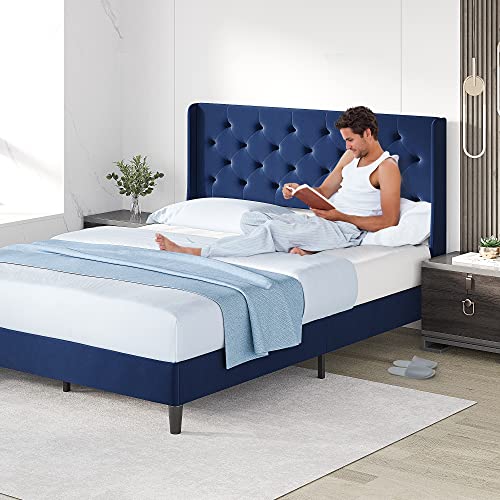 IDEALHOUSE Queen Size Bed Frame with Wingback, Upholstered Platform Bed with Diamond Tufted Headboard, Wooden Slats Support, Easy Assembly, Noise-Free, No Box Spring Needed, Dark Blue