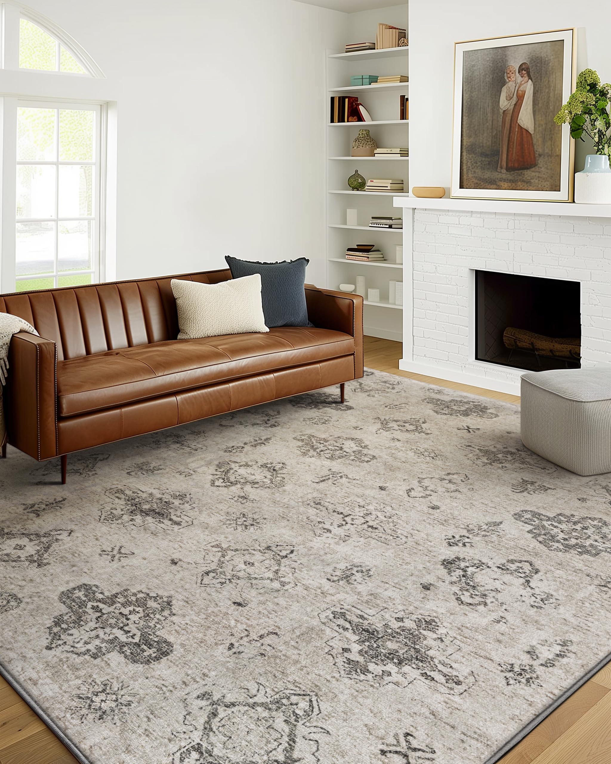 Disolla Washable Moroccan Area Rug 8x10ft for Living Room Bedroom Large Soft Indoor Decor Carpet Non Slip Distressed Neutral Low Pile Floor Rugs for Dining Room Office, Beige & Gray